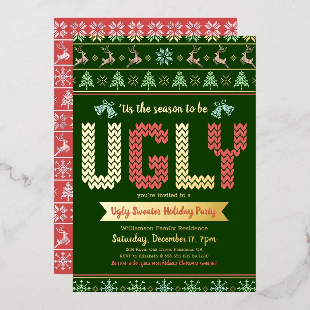 Tacky Ugly Sweater Christmas Party Green Real Gold Foil Invitation | Zazzle