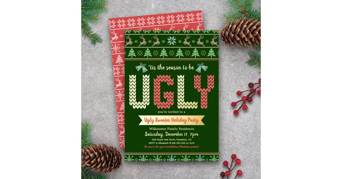 Tacky Ugly Sweater Christmas Party Green Real Gold Foil Invitation | Zazzle