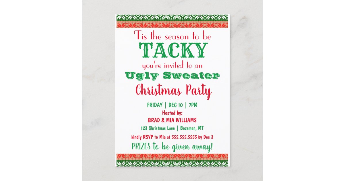 Tacky Ugly Sweater Christmas Party Invitation Postcard | Zazzle