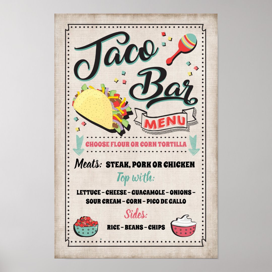 Taco Bar Menu Party Sign | Zazzle