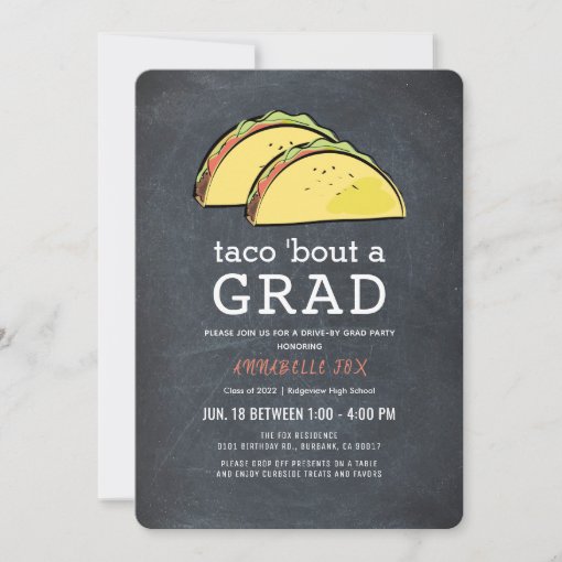 Taco Bout GRAD Chalkboard Gold Drive-by Graduation Invitation | Zazzle