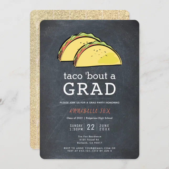 Taco Bout GRAD Chalkboard Gold Graduation Party Invitation | Zazzle
