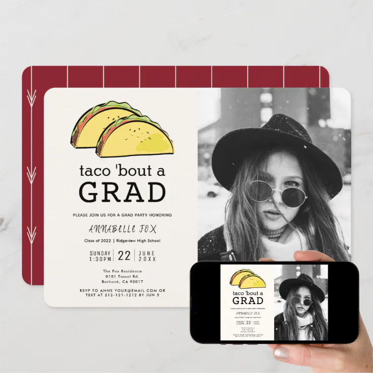 Taco Bout GRAD Photo Burgundy Graduation Party Invitation | Zazzle