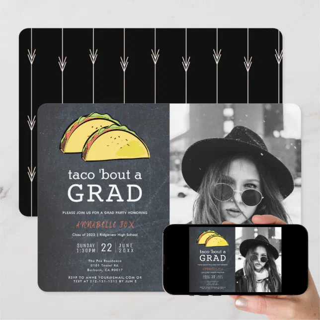 Taco Bout GRAD Photo Chalkboard Black Graduation Invitation | Zazzle