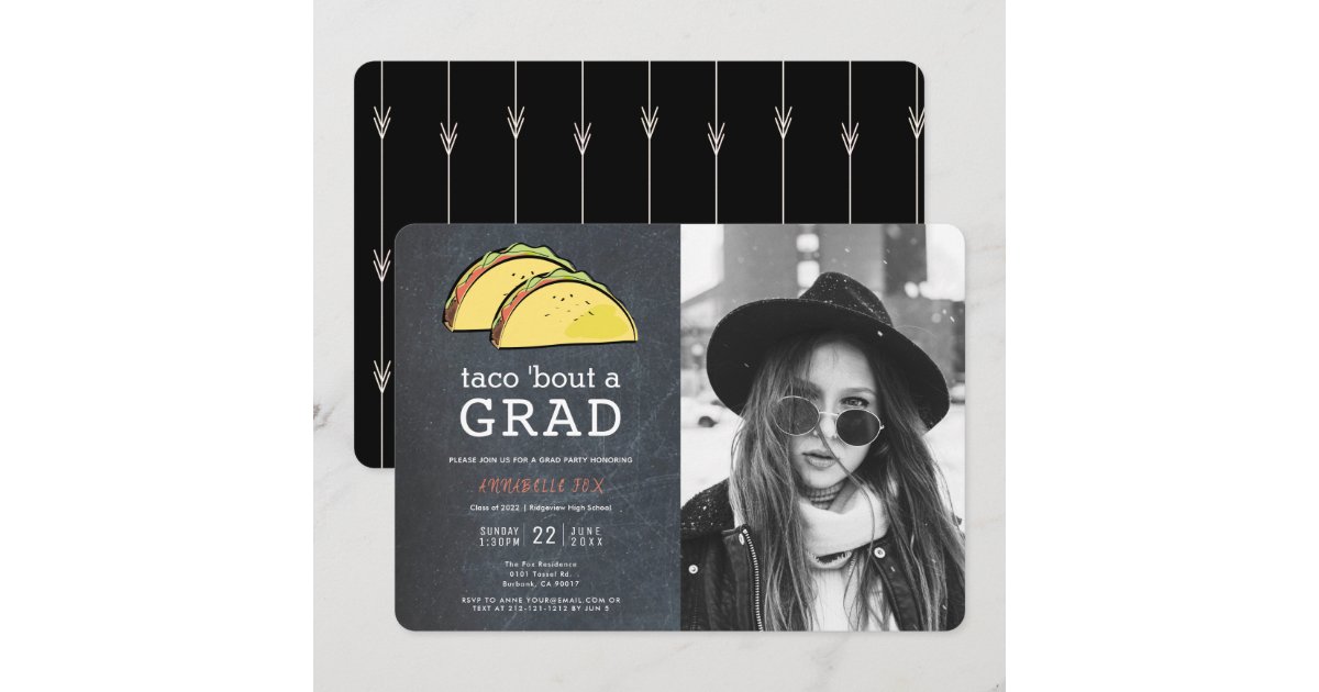 Taco Bout GRAD Photo Chalkboard Black Graduation Invitation | Zazzle