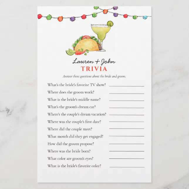 Taco & Tequila Fiesta Couple's Shower Trivia games | Zazzle