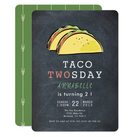 Taco Twosday Tuesday Chalkboard 2nd Birthday Invitation | Zazzle.com