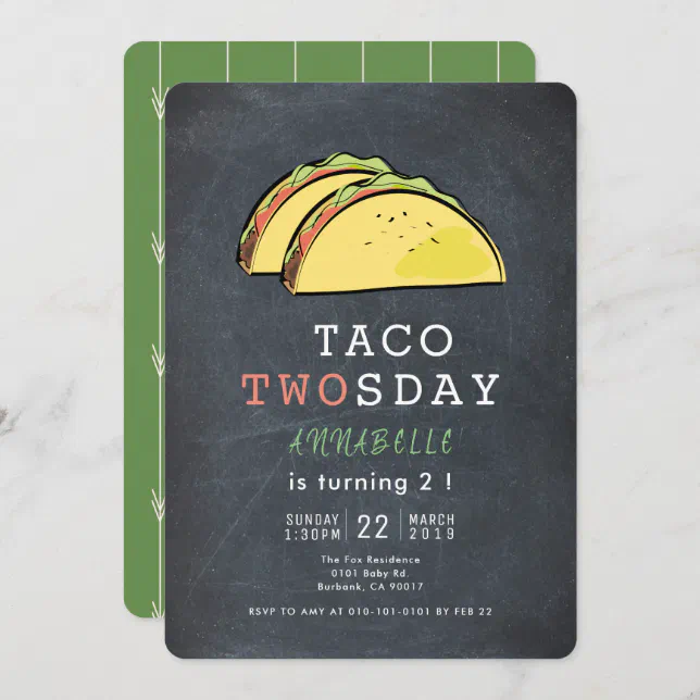 Taco Twosday Tuesday Chalkboard 2nd Birthday Invitation | Zazzle