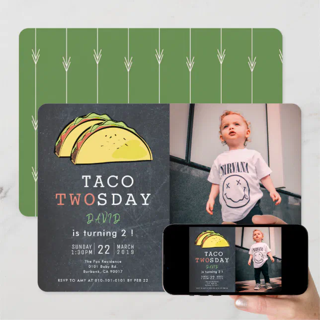 Taco Twosday Tuesday Chalkboard Photo 2nd Birthday Invitation | Zazzle