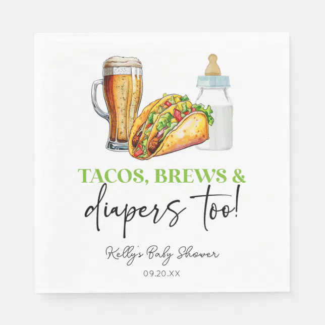 Tacos Brews and Diapers Too! Baby Shower Napkins | Zazzle