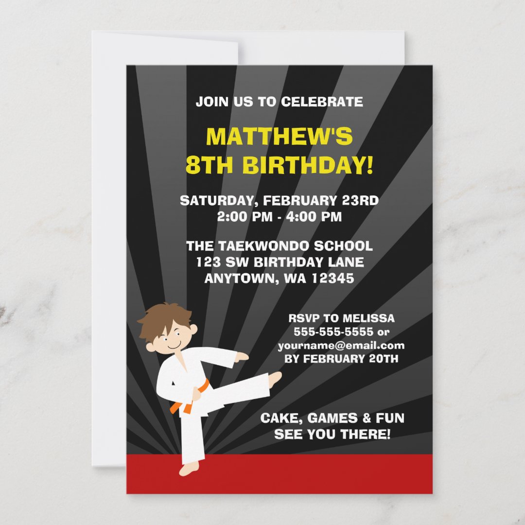 Taekwondo Karate Orange Belt Birthday Invitations | Zazzle