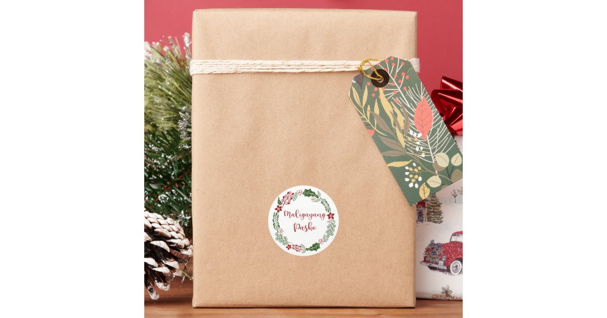 Tagalog Merry Christmas Wreath, Maligayang Pasko Classic Round Sticker ...
