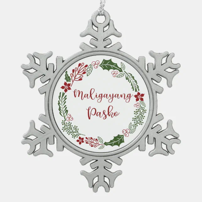 Tagalog Merry Christmas Wreath, Maligayang Pasko Snowflake Pewter ...