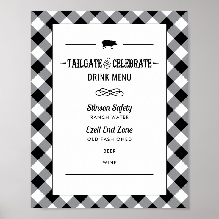 Tailgate Celebrate Black Wedding Shower Drink Menu Poster | Zazzle
