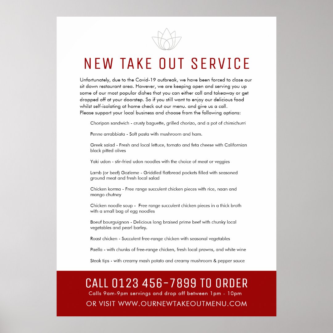 Take out emergency restaurant notice and new menu poster | Zazzle