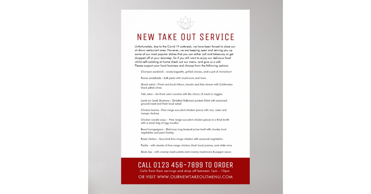 Take out emergency restaurant notice and new menu poster | Zazzle