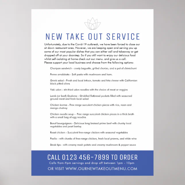 Take out emergency restaurant notice new blue menu poster | Zazzle
