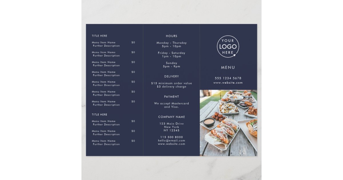 Takeout | Navy Blue Restaurant Photo Takeaway Menu | Zazzle.com