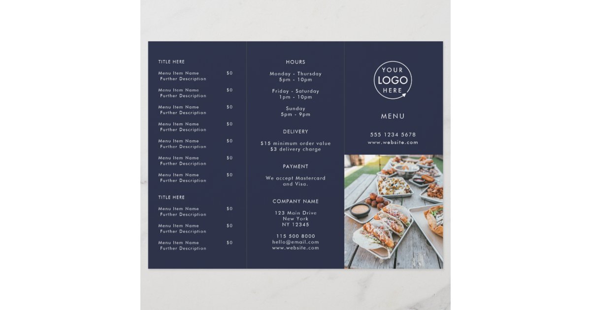 Takeout | Navy Blue Restaurant Photo Takeaway Menu | Zazzle