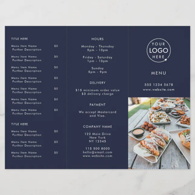 Takeout | Navy Blue Restaurant Photo Takeaway Menu | Zazzle