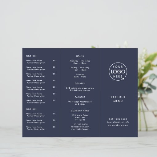Takeout Restaurant | Navy Blue Logo Takeaway Menu | Zazzle