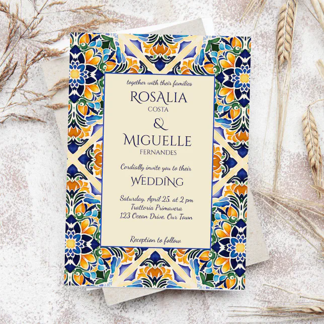 Talavera azulejo blue tile vintage Mexican wedding Invitation | Zazzle