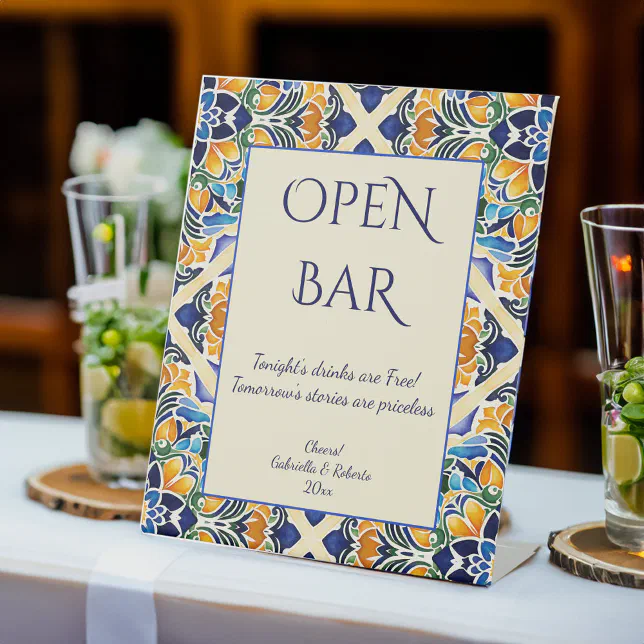 Talavera azulejo blue vintage tiles open bar pedestal sign | Zazzle