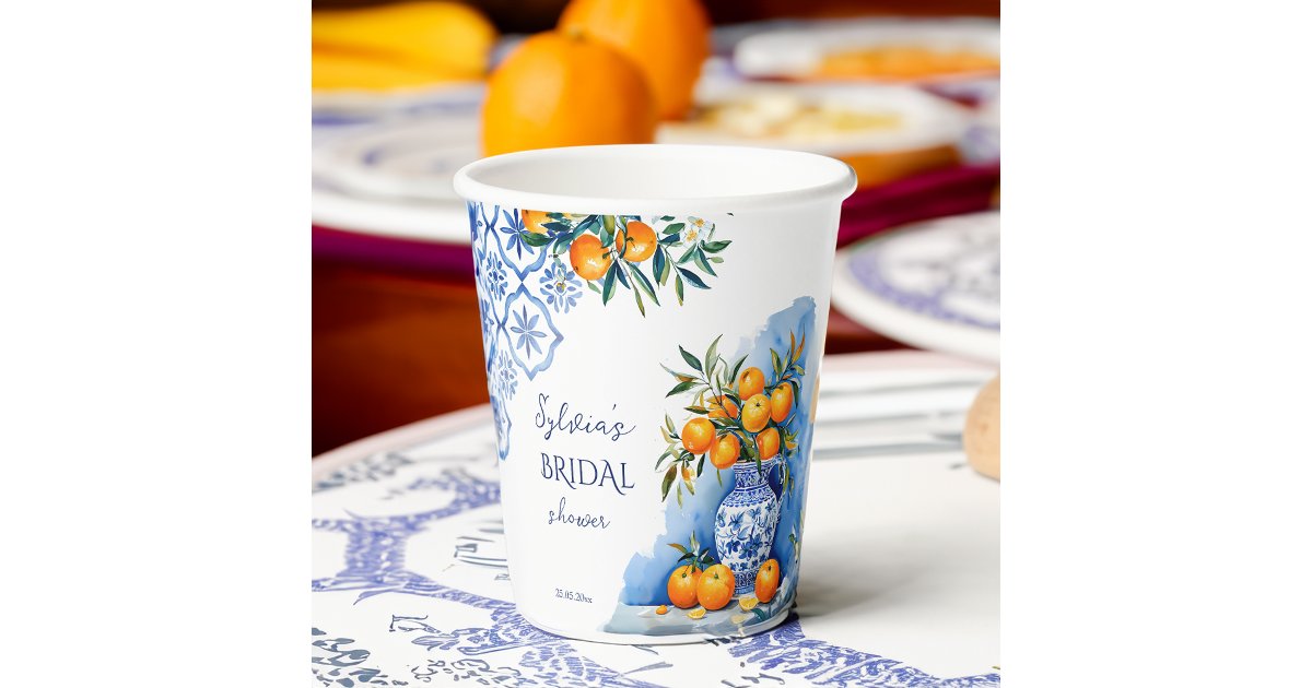 Talavera blue chinoiserie citrus bridal shower paper cups | Zazzle