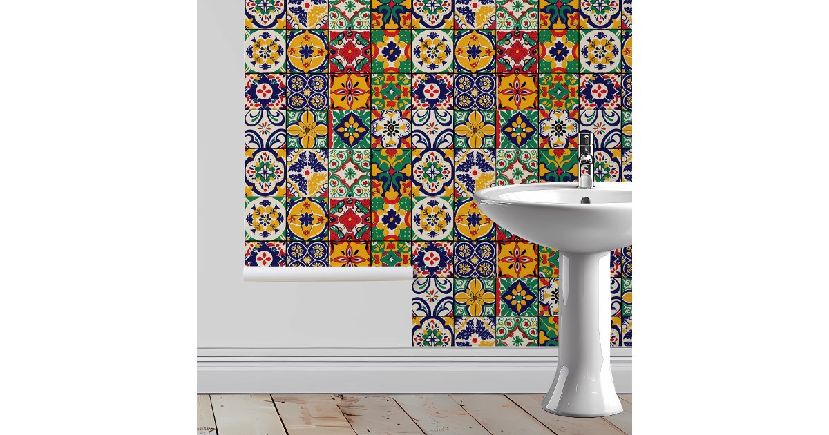 Talavera Small Mexican Tile look Wallpaper | Zazzle