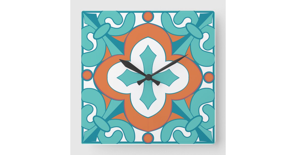 Talavera Tile Clock - Orange & Turquoise | Zazzle