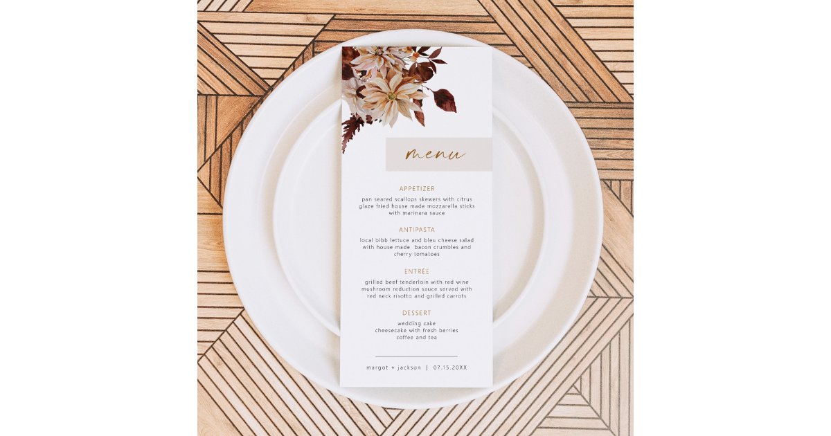TALIA Bohemian Terracotta Blush Floral Autumn Menu | Zazzle