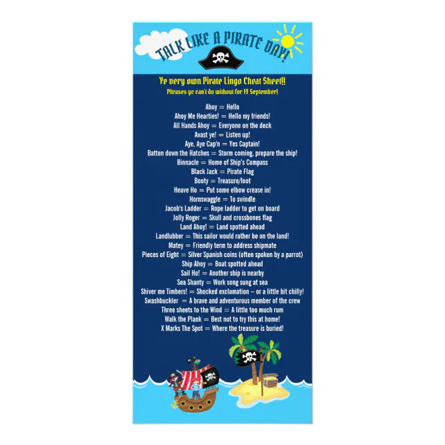 Talk Like a Pirate Day Phrases Sheet Dark Blue Rack Card | Zazzle