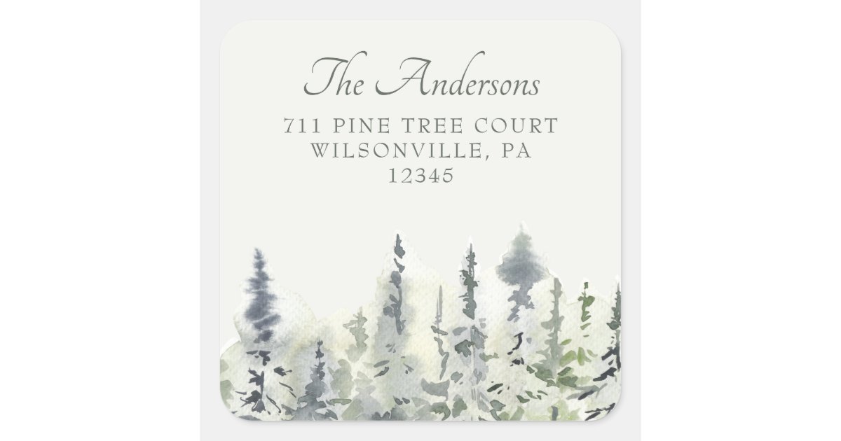 Tall Evergreens Watercolor Trees Return Address Square Sticker | Zazzle