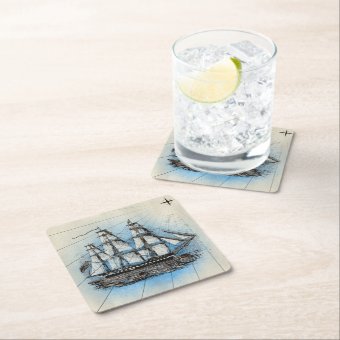 Tall Ship Vintage Nautical Illustration Square Paper Coaster | Zazzle