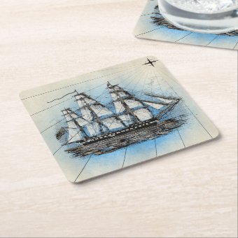 Tall Ship Vintage Nautical Illustration Square Paper Coaster | Zazzle