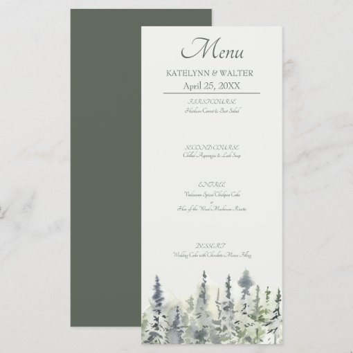 Tall Timber Watercolor Evergreen Trees Wedding Menu | Zazzle