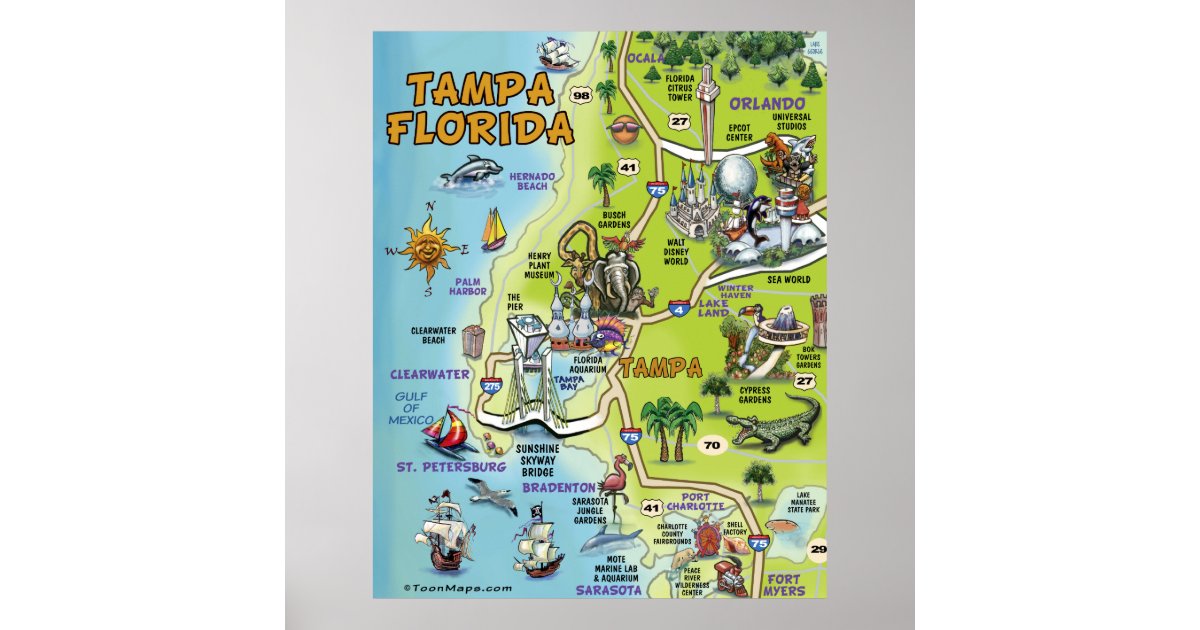 Tampa Florida Cartoon Map Poster | Zazzle