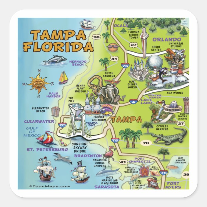 Tampa Florida Cartoon Map Square Sticker | Zazzle.com