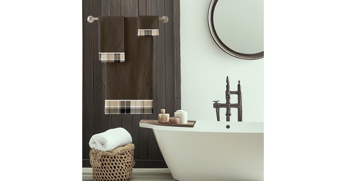 Tan and black plaid bath towel set | Zazzle