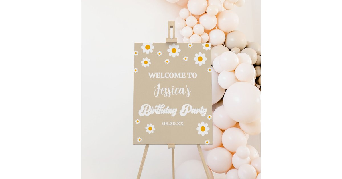 Tan Brown Retro Daisy Birthday Party Welcome Sign | Zazzle