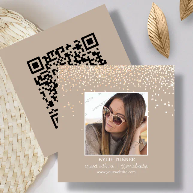 Tan Glitter | Photo | Social Media | QR Code Square Business Card | Zazzle