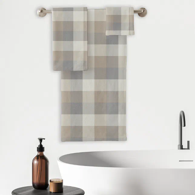 Tan Gray Ivory Neutral Rustic Plaid Bath Towel Set | Zazzle