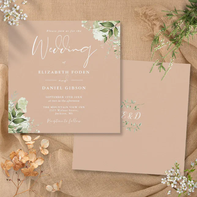 Tan Greenery Floral Monogram Square Wedding Invitation | Zazzle