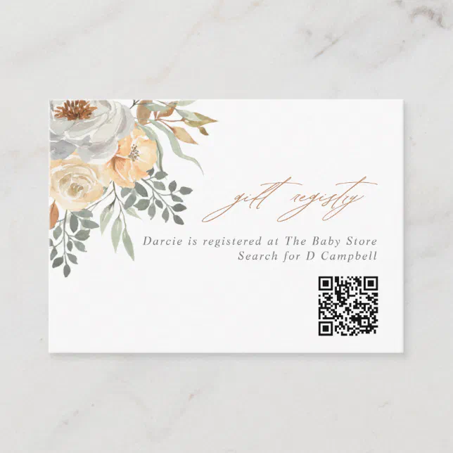 Tan & Grey Floral QR Code Gift Registry Enclosure Card | Zazzle