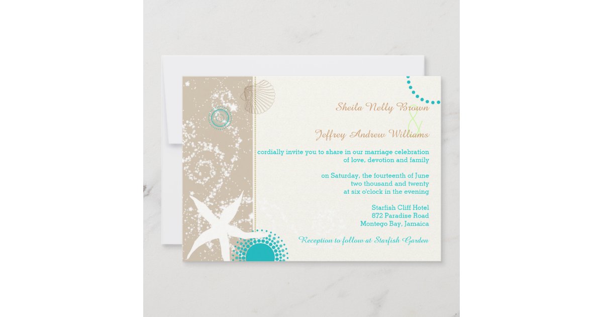 Tan Ivory Teal Modern Beach Wedding Invitation | Zazzle