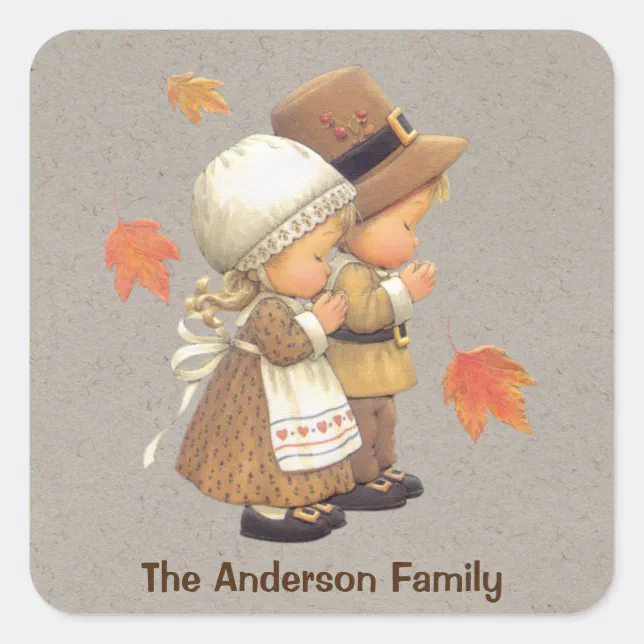 Tan Kraft Pilgrims Personalized Thanksgiving Square Sticker | Zazzle