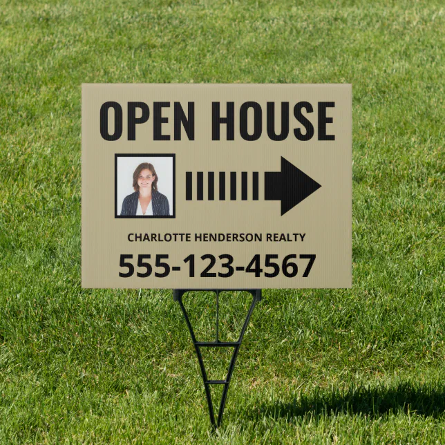 Tan Photo Open House Real Estate Arrow Welcome Sign | Zazzle