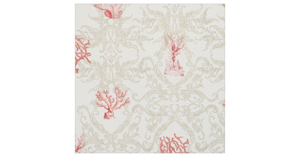 Tan Weathered Vintage Beach Ocean Red Coral Damask Fabric | Zazzle