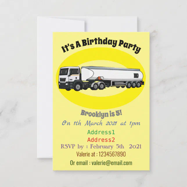 Tanker truck fuel transport cartoon illustration invitation | Zazzle