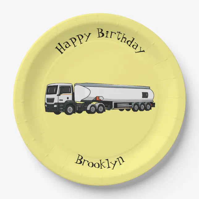 Tanker truck fuel transport cartoon illustration paper plates | Zazzle